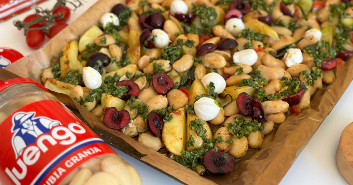 Baked pan con verduras de temporada y alubias granja Luengo - Luengo